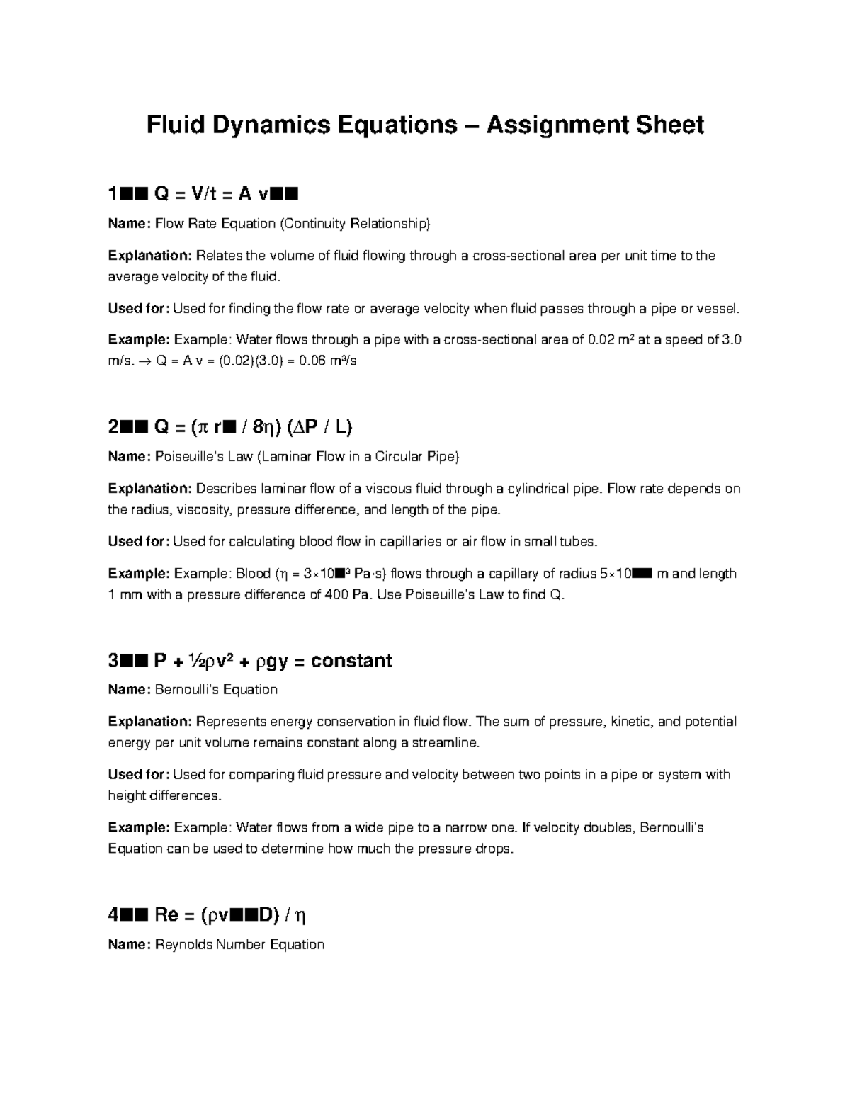Fluid Dynamics Assignment Sheet: Flow Rate & Laminar Flow Equations ...