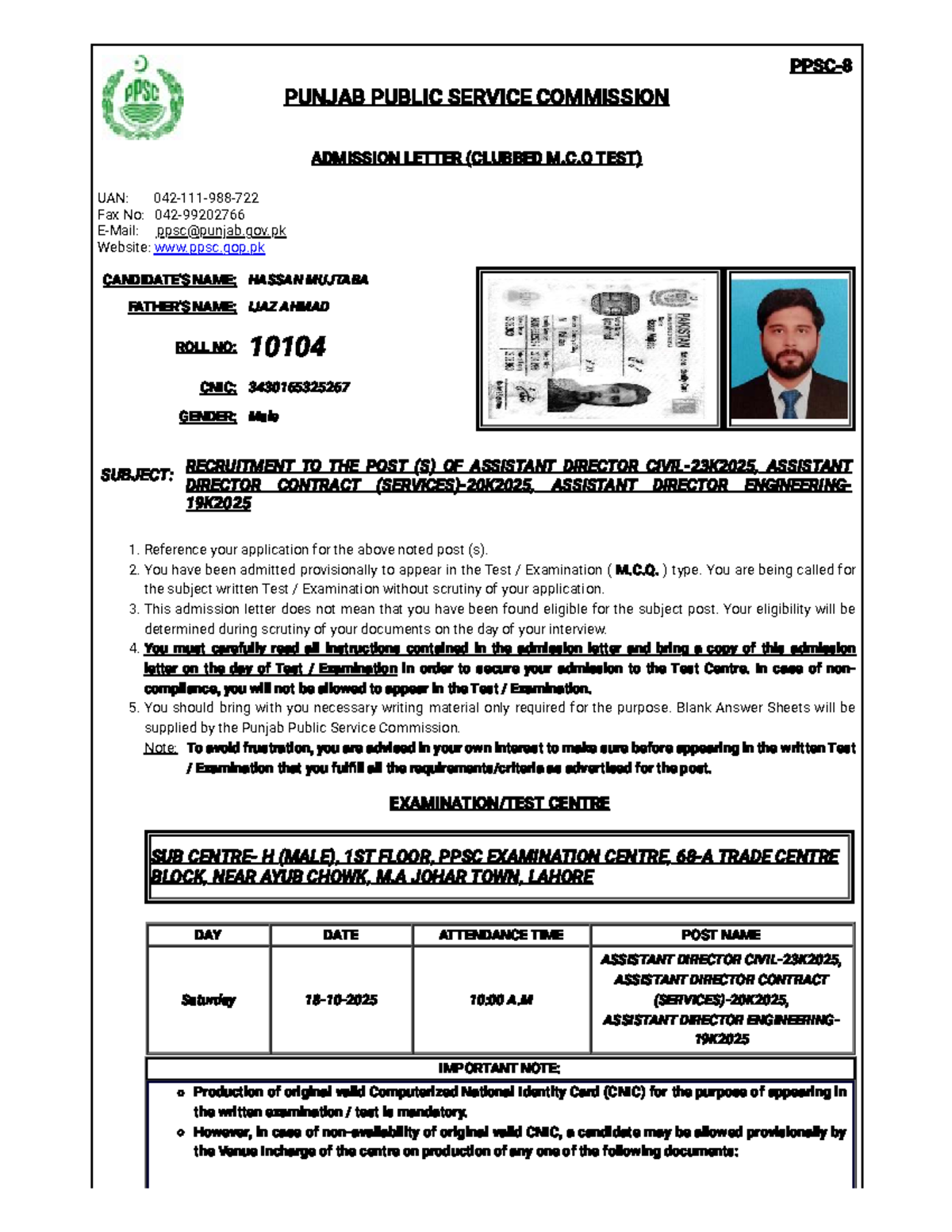 PPSC Admission Letter for Assistant Director MCQ Test - 19K2025 - Studocu