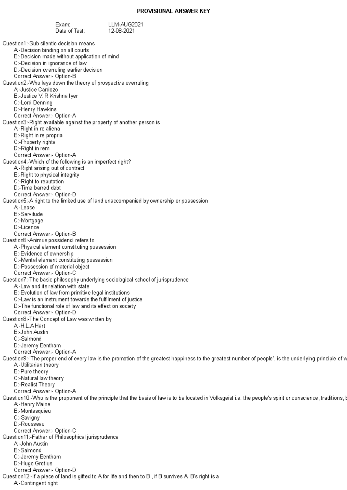 Llm 2021 - question paper - PROVISIONAL ANSWER KEY Exam: LLM-AUG Date ...