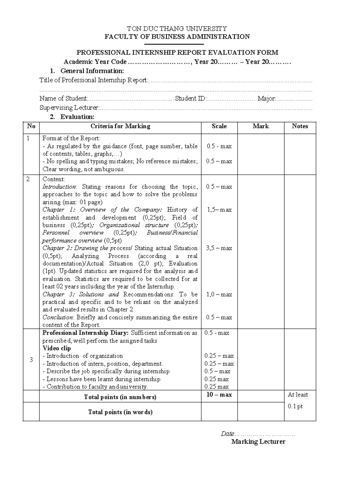 Professional Internship Report Evaluation Form - TON DUC THANG UNIVERSITY FACULTY OF BUSINESS ...