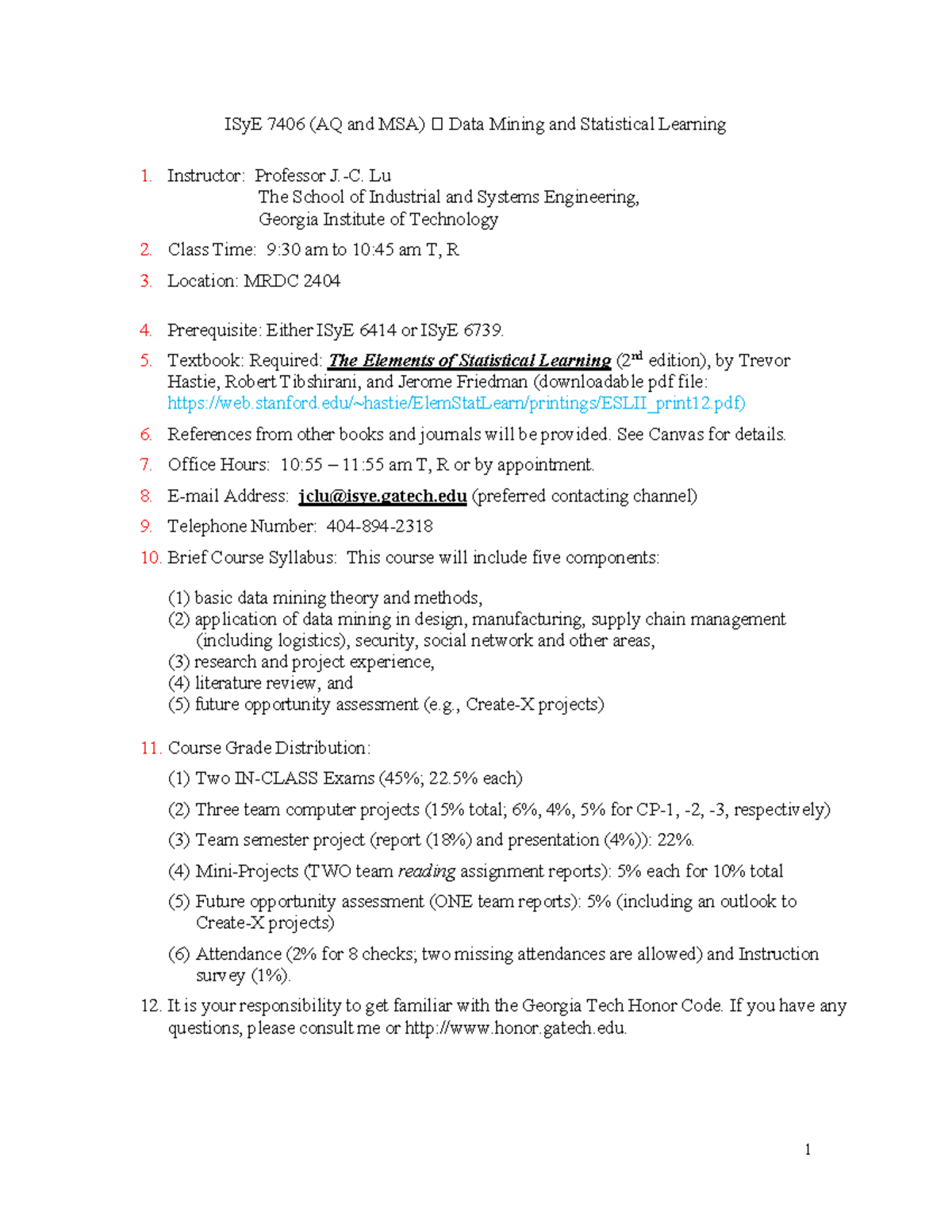 ISyE 7406 Syllabus - Data Mining & Statistical Learning 2023 Spring - Studocu