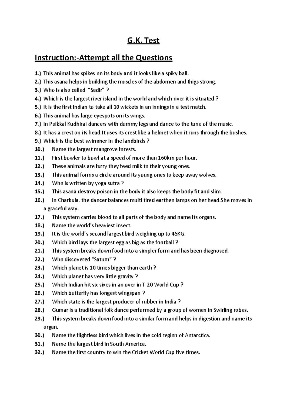 General Knowledge Test Paper - G. Test Instruction:-Attempt all the ...
