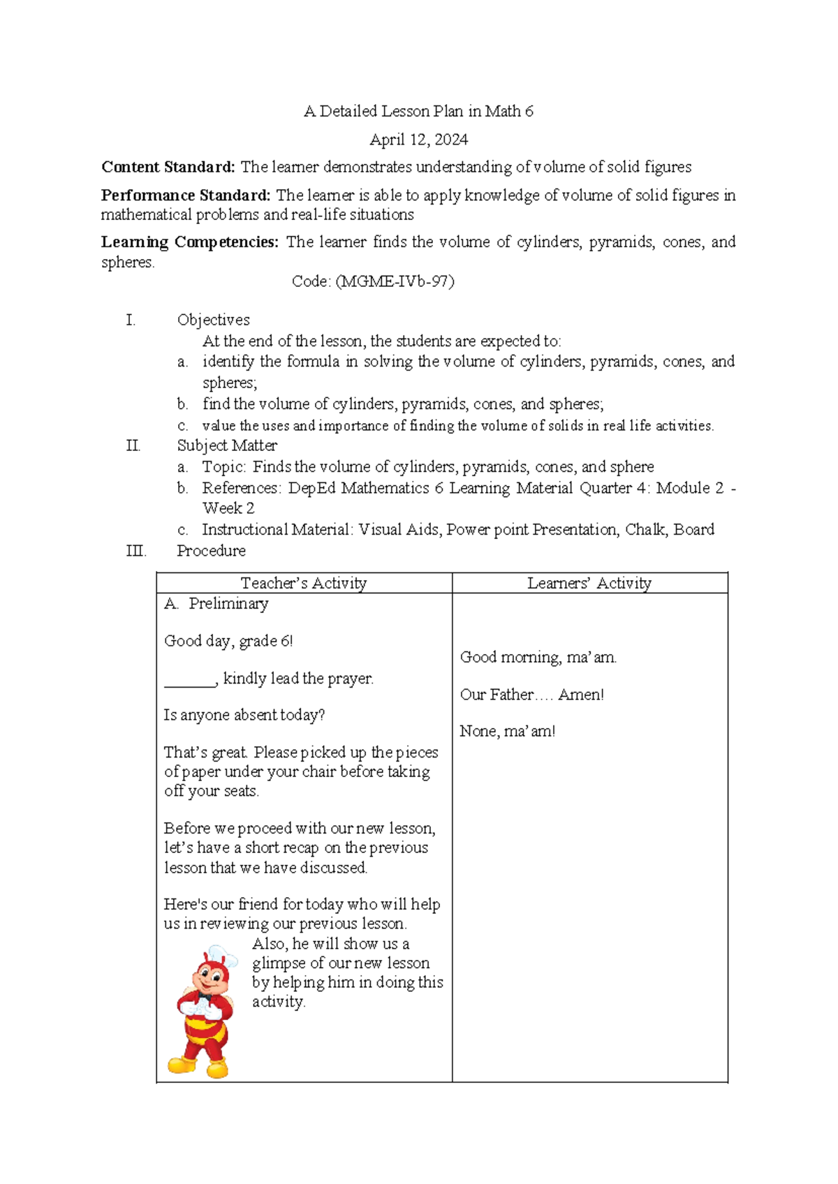Detailed Lesson Plan in Math 6: Volume of Solid Figures (MGME-IVb-97 ...