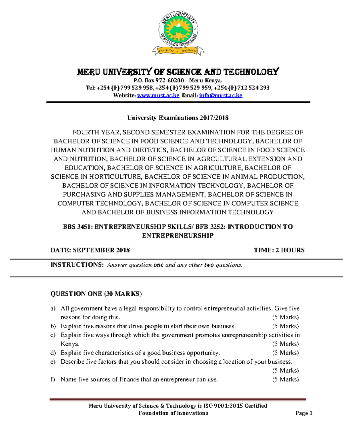 BBS 3451: Entrepreneurship Final Exam Questions & Guidelines 2018 - Studocu