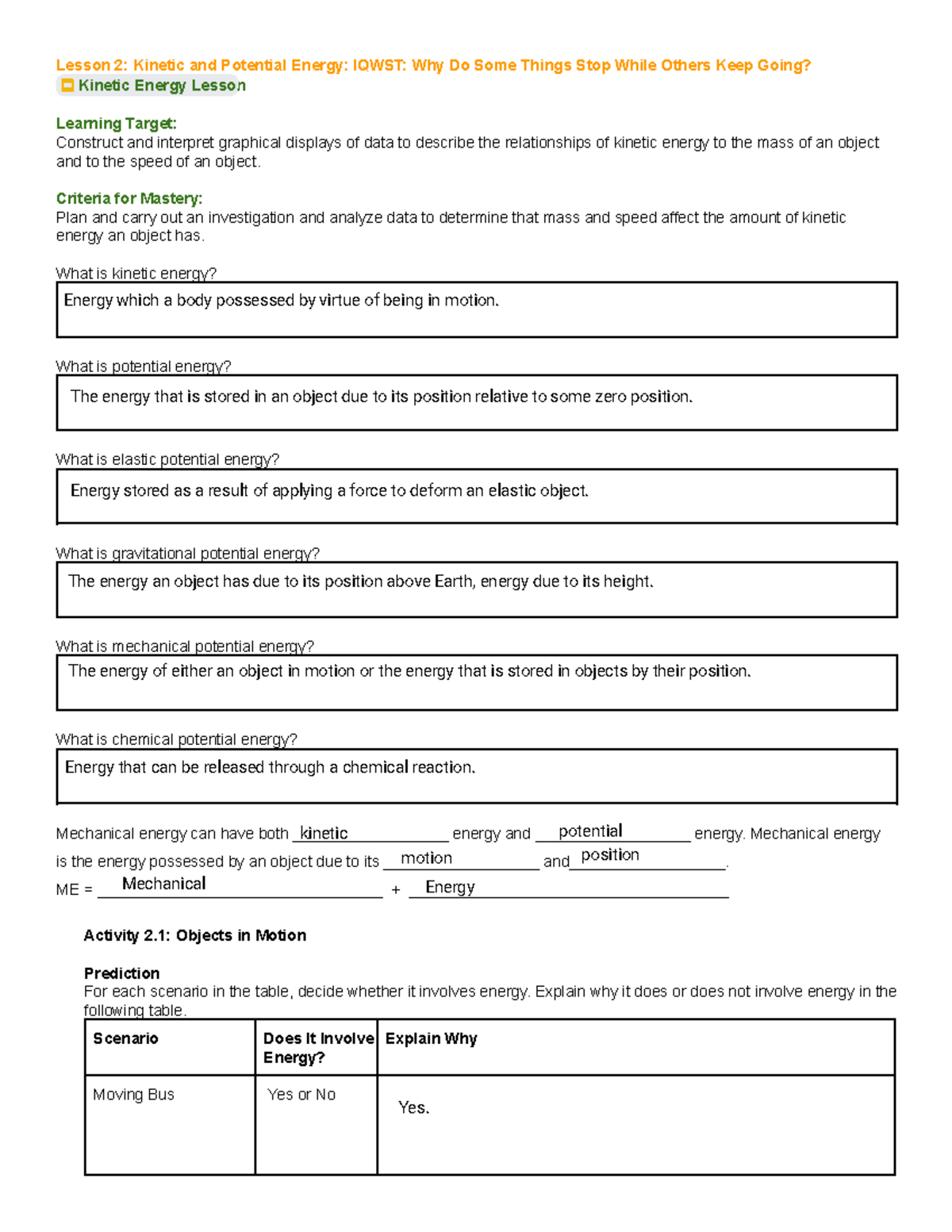 Kinetic Energy Lesson 2: Exploring Motion and Energy Relationships ...