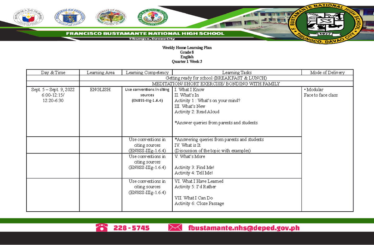 G8 English 8 Weekly Learning Plan for Q1W3 (Sept. 5-9, 2022) - Studocu