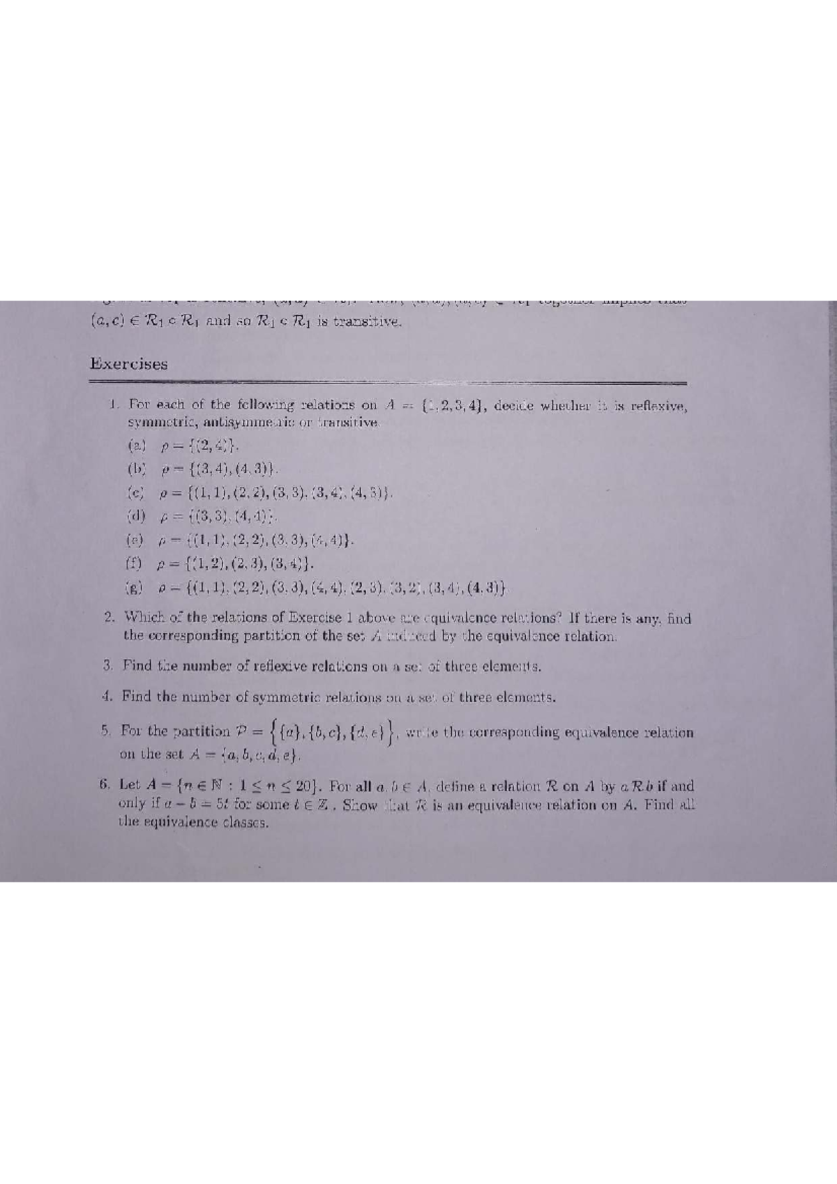 Homework: Abstract Algebra 1 Exercises on Relations and Equivalence ...