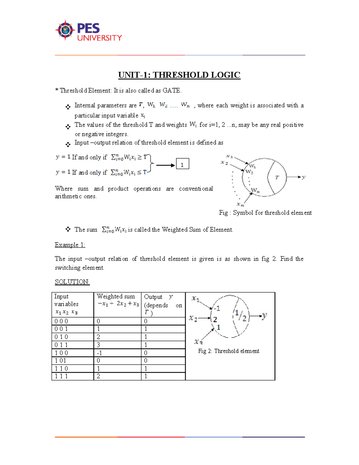 Threshold Logic - Prof. Anand - UNIT- Threshold Element: It is also ...