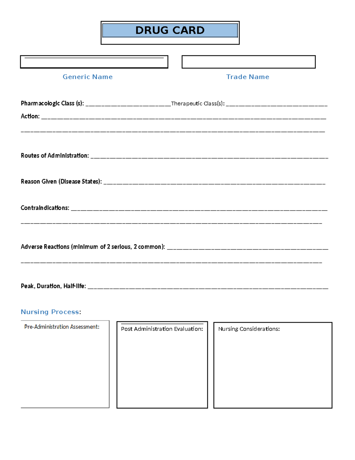 Blank Nursing Drug Cards