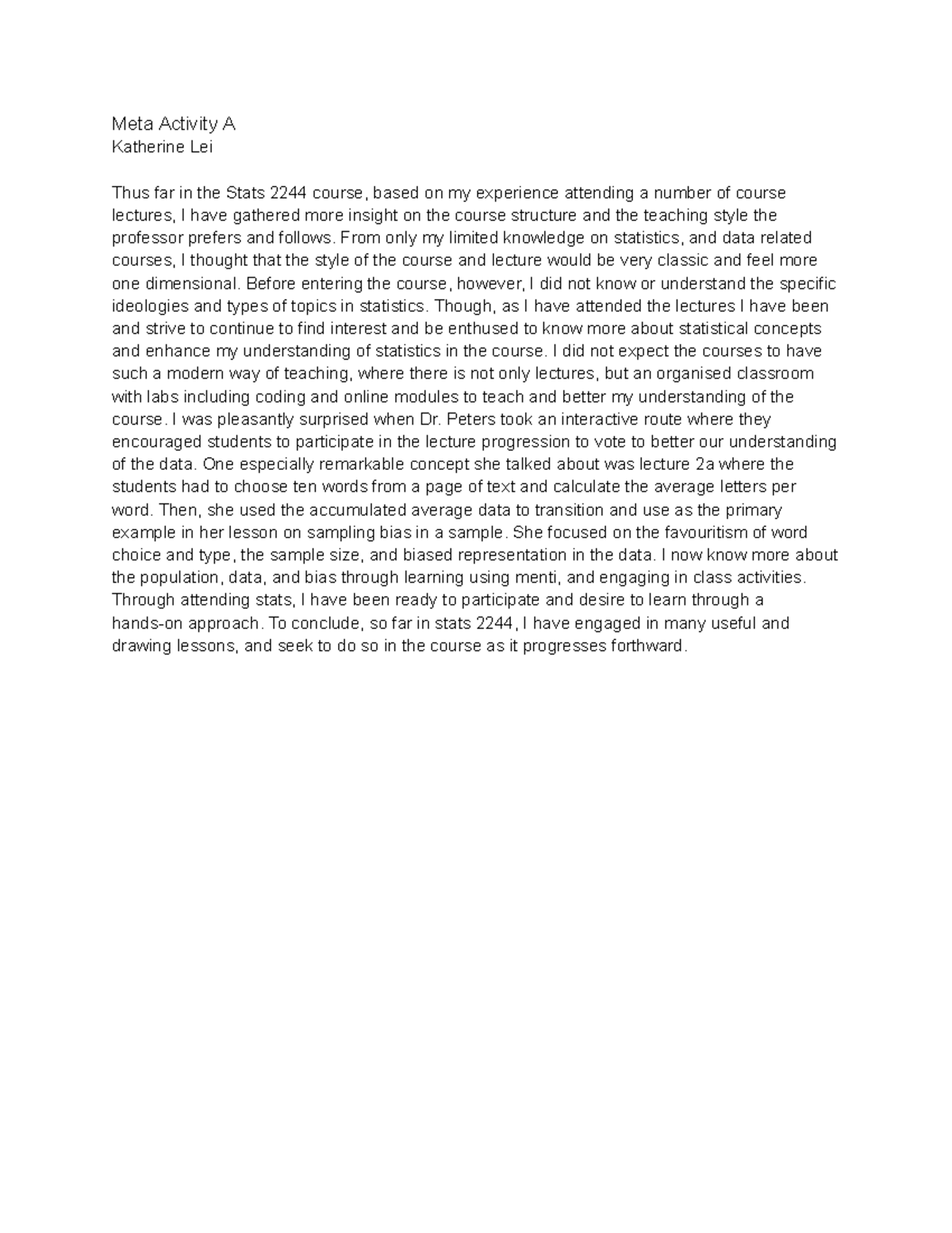 Stats 2244B Course Reflection: Engaging with Modern Statistics - Studocu
