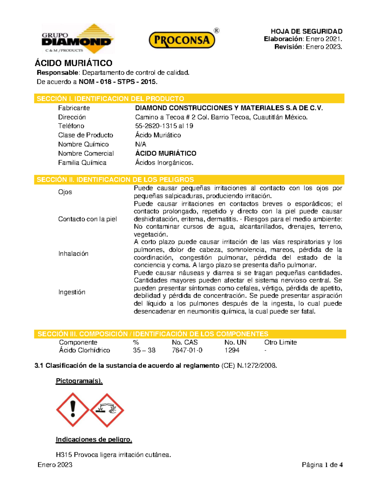 Hds ácido Muriático Seguridad Y Manejo Enero 2023 Studocu