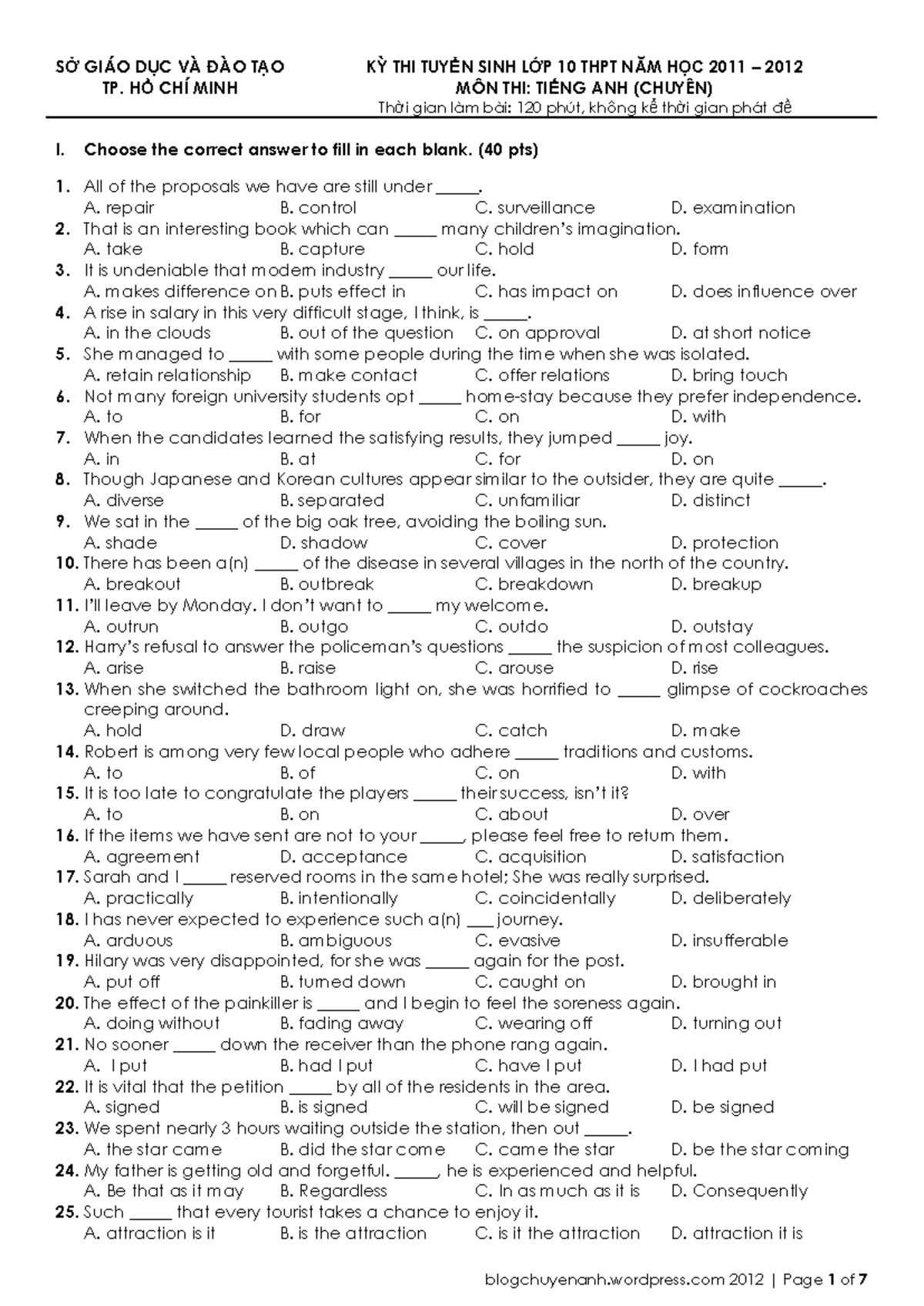 Đề Thi Tuyển Sinh Lớp 10 THPT Năm Học 2011-2012 TP. Hồ Chí Minh (Có Đáp ...