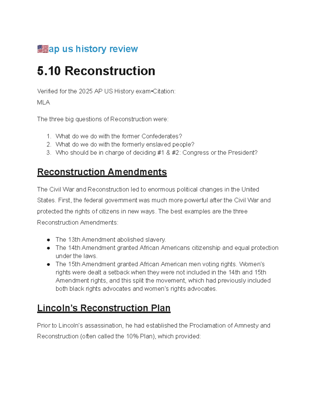 AP US History Notes: Reconstruction Overview and Key Concepts - Studocu
