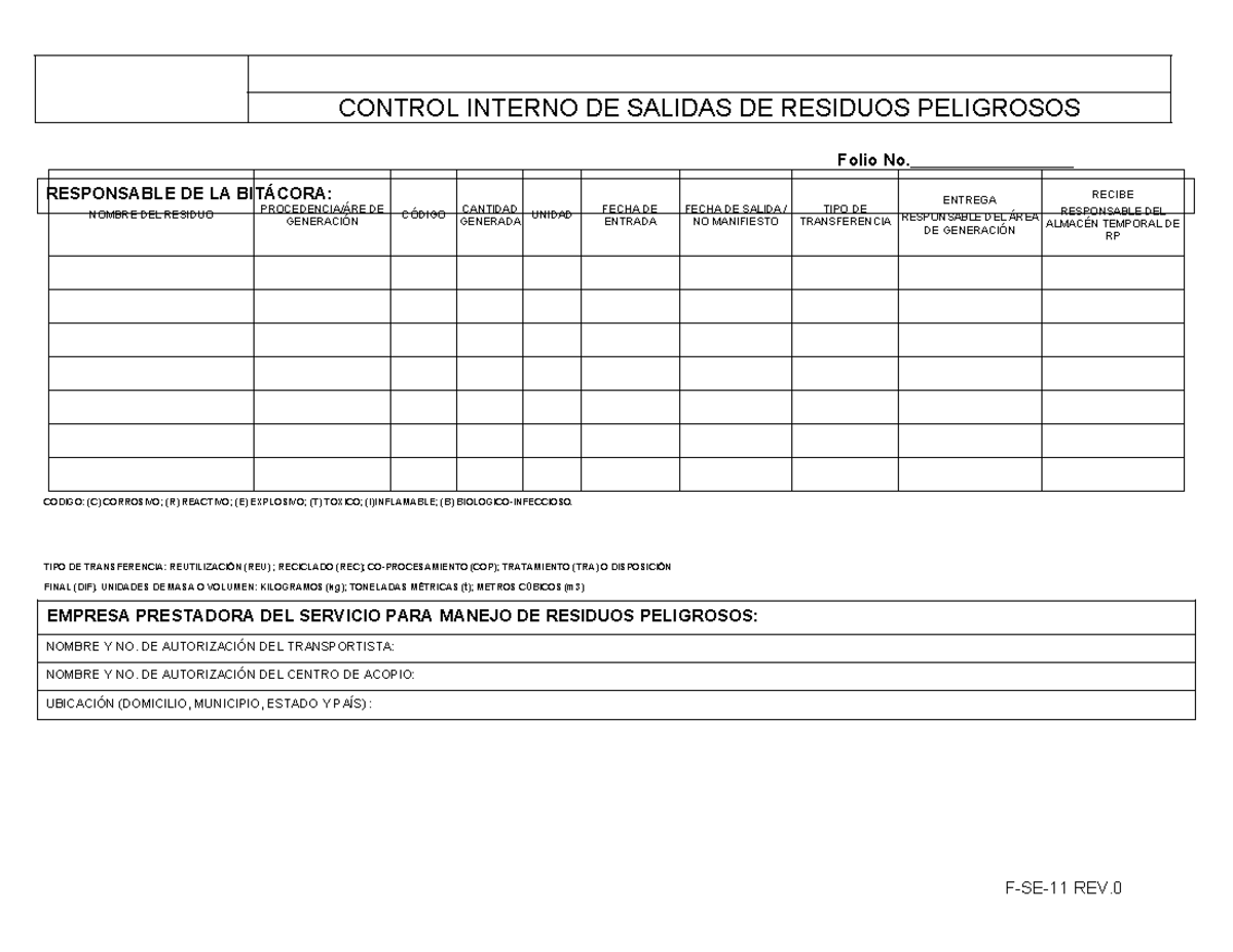 F-SE-11 Bitácora de Control de Salidas de Residuos Peligrosos - Studocu
