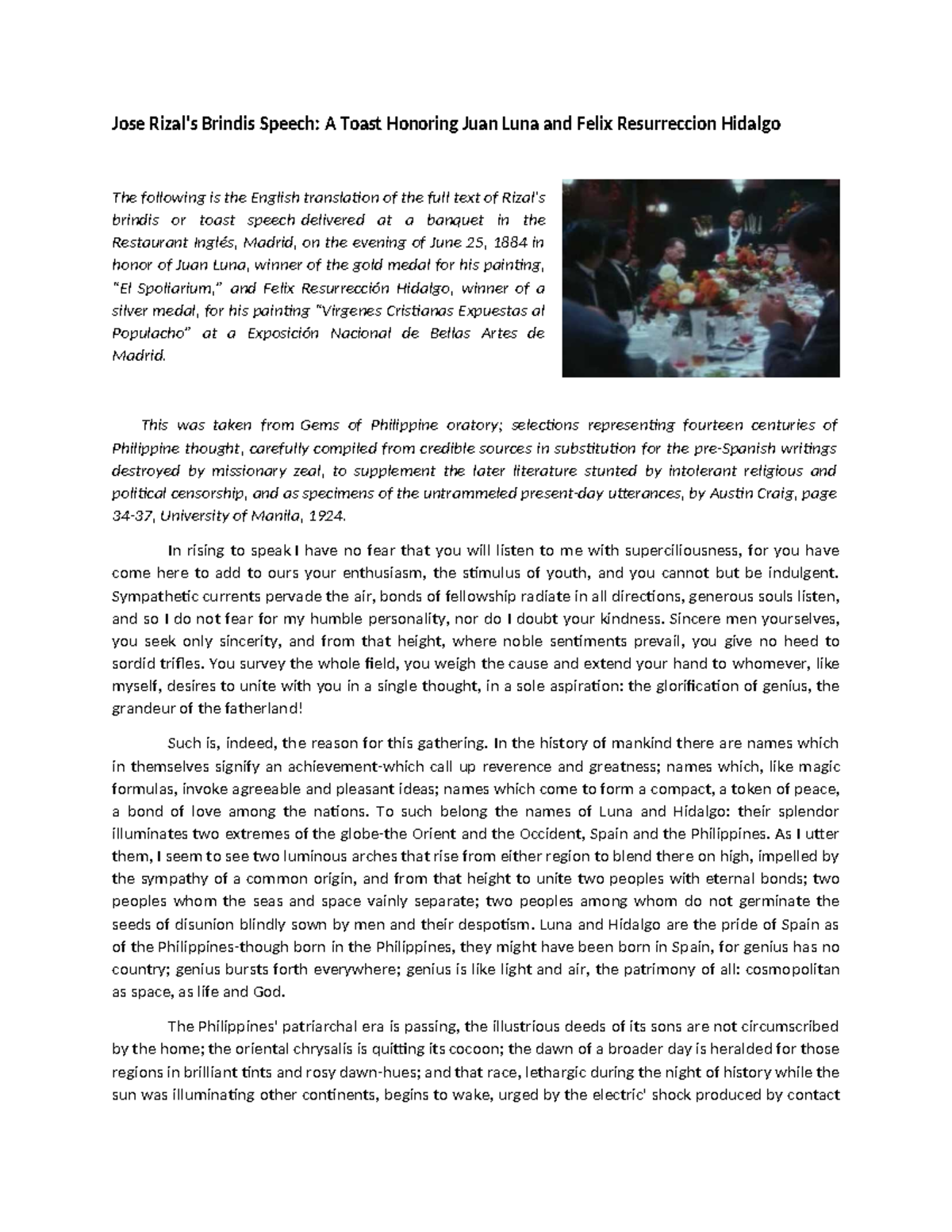 Jose Rizal's Brindis Speech: A Toast to Luna and Hidalgo's Legacy - Studocu