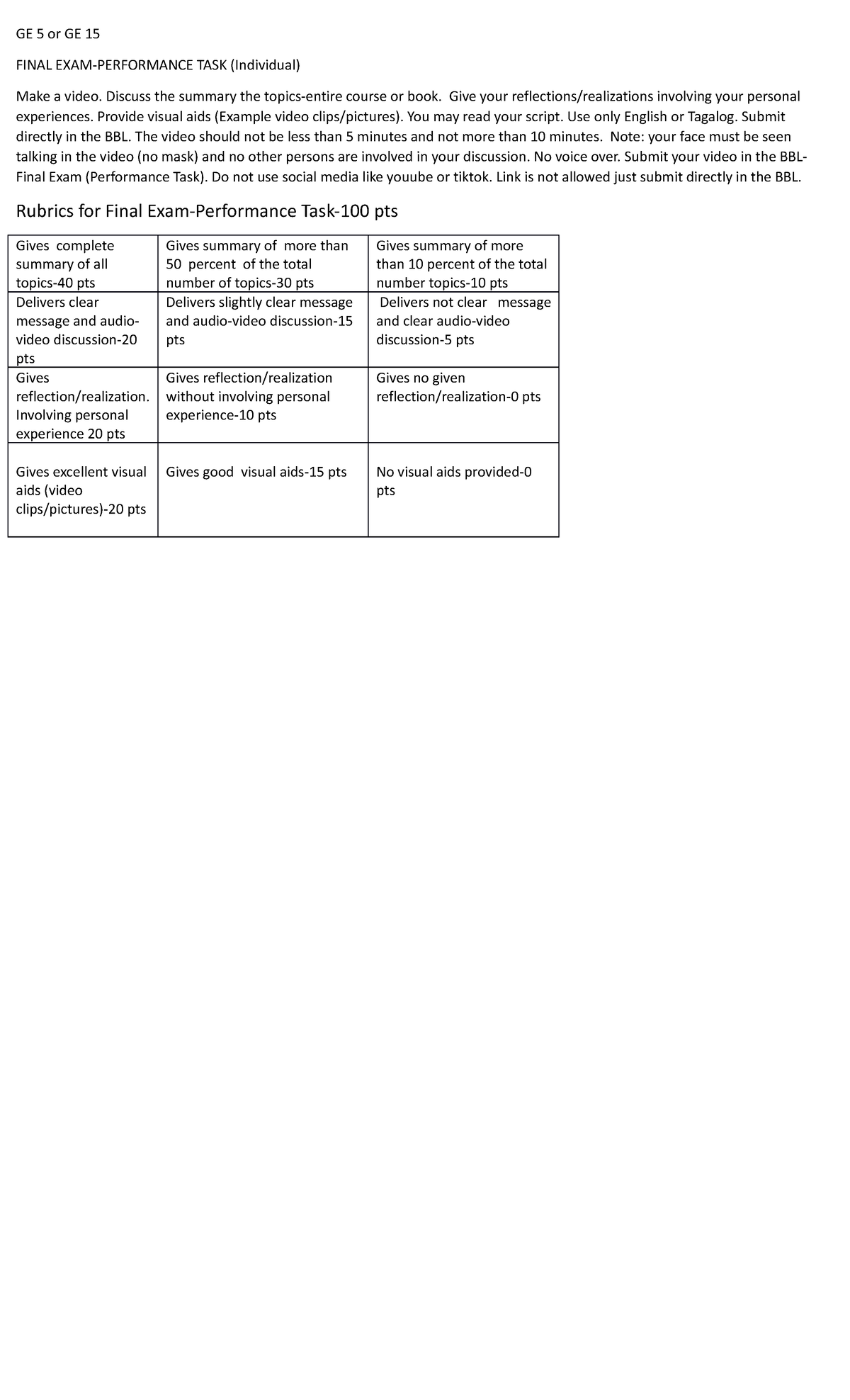 Final Task ( For final exam- Performance Task for GE 5 or GE 15) - GE 5 ...