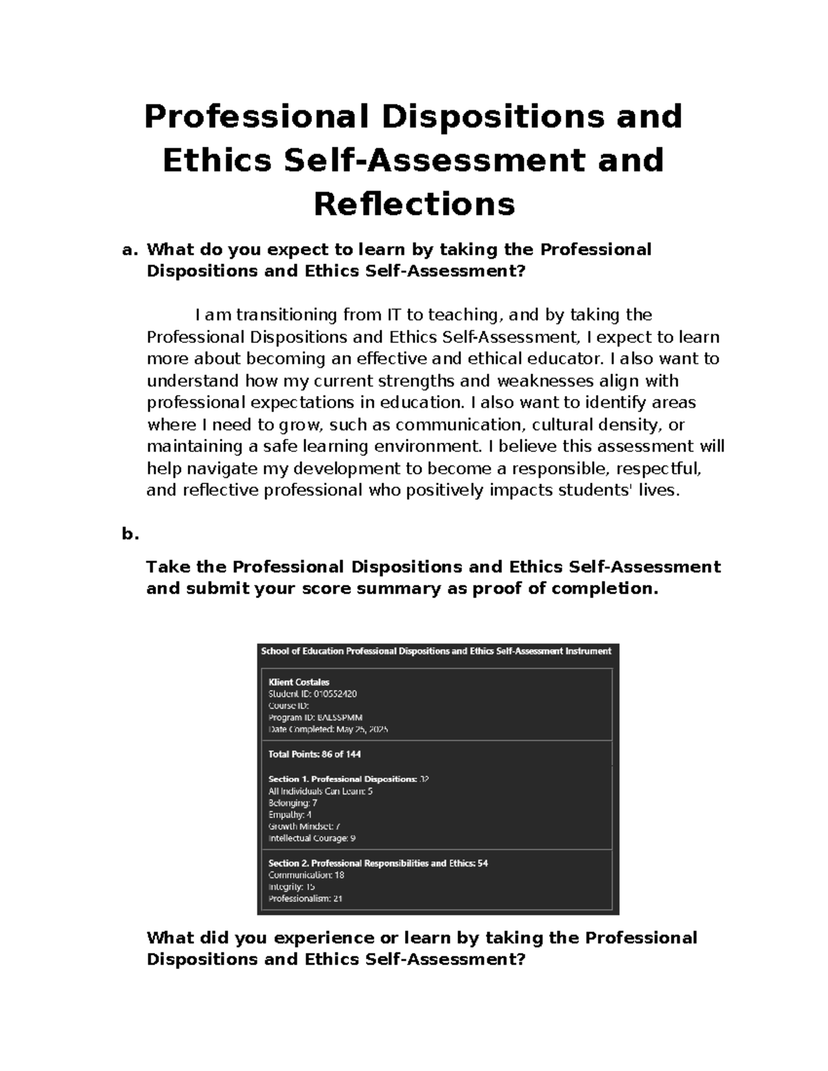 Professional Dispositions and Ethics I: Self-Assessment Reflections ...