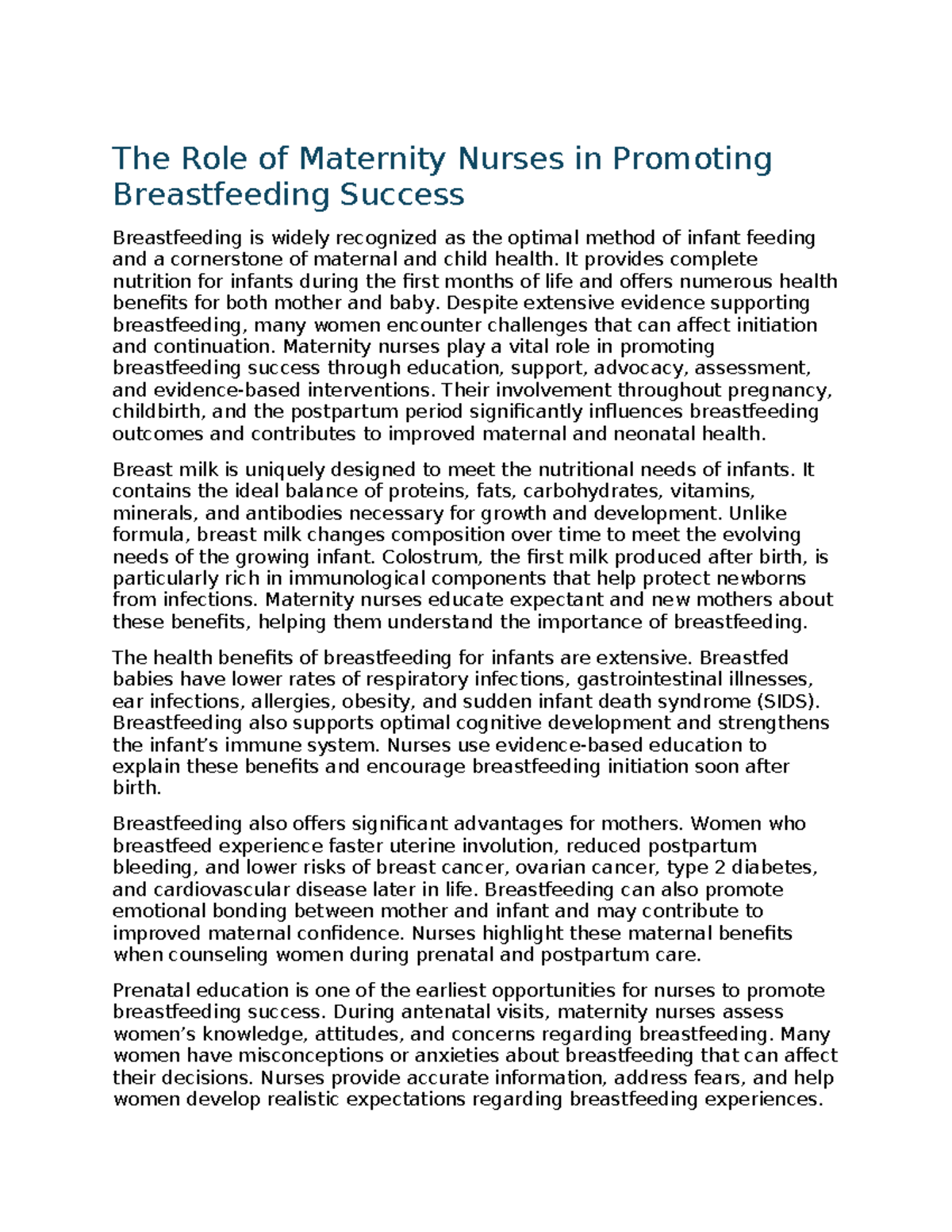 Maternity Nursing: Promoting Breastfeeding Success and Support - Studocu