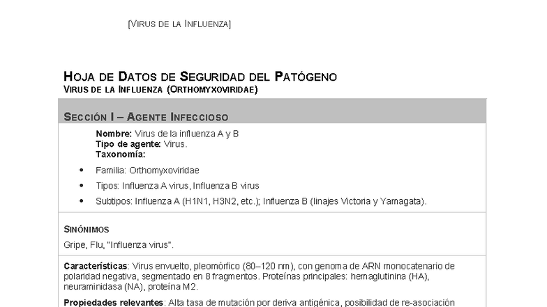 MSDS del Virus de la Influenza A y B (Orthomyxoviridae) - Studocu