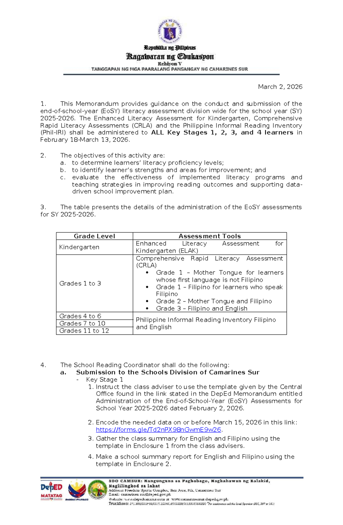 EoSY Literacy Assessment Submission Guidelines for SY 2026 - Studocu