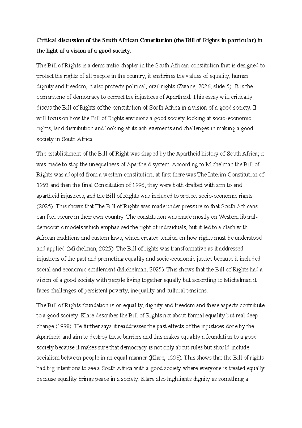 Critical Analysis of the South African Bill of Rights: A Vision for ...