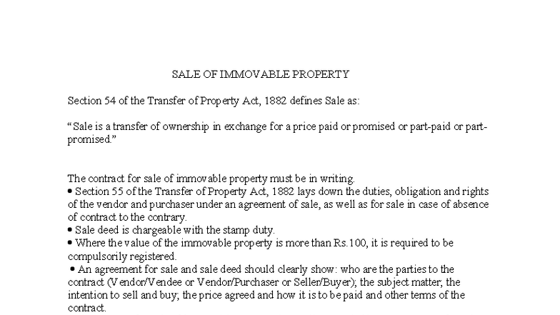 Agreement for Sale of Immovable Property - Sample Document - Studocu