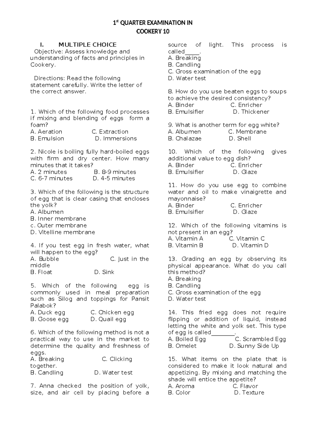 1st Quarter Test in Cookery 10 - SY 2023 Assessment - Studocu