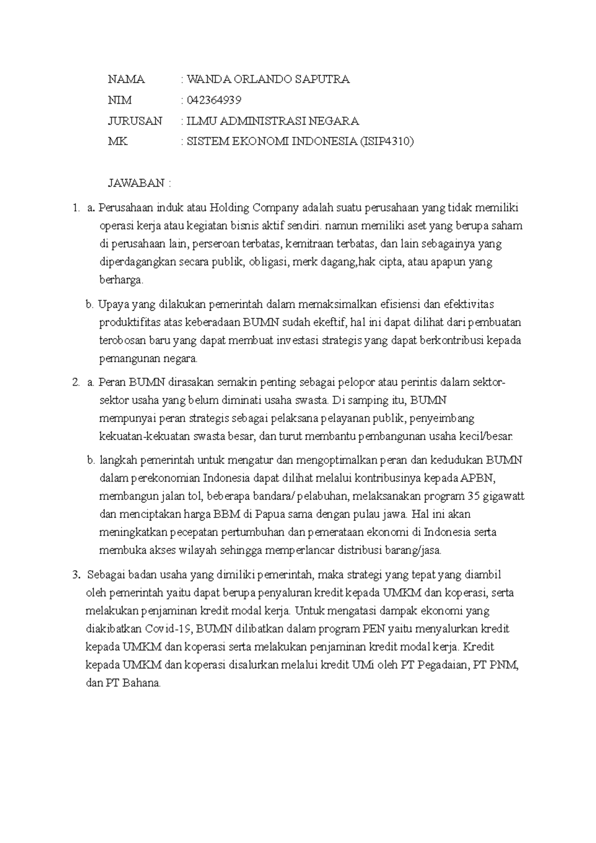 Tugas 2: Analisis Sistem Ekonomi Indonesia - ISIP4310 - Wanda Saputra ...