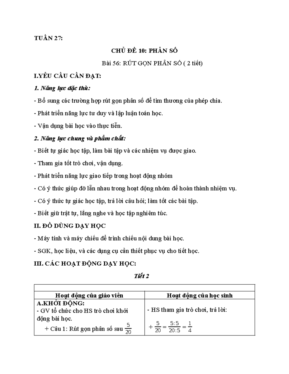 GIÁO ÁN TIẾT 2: RÚT GỌN PHÂN SỐ - TUẦN 27, CHỦ ĐỀ 10 - Studocu