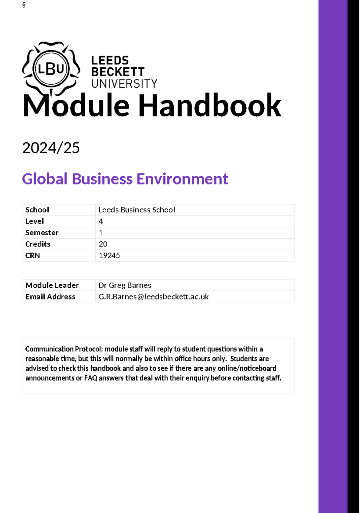 202425 GBE Module Handbook - § Module Handbook 2024/ Global Business Environment School Leeds ...