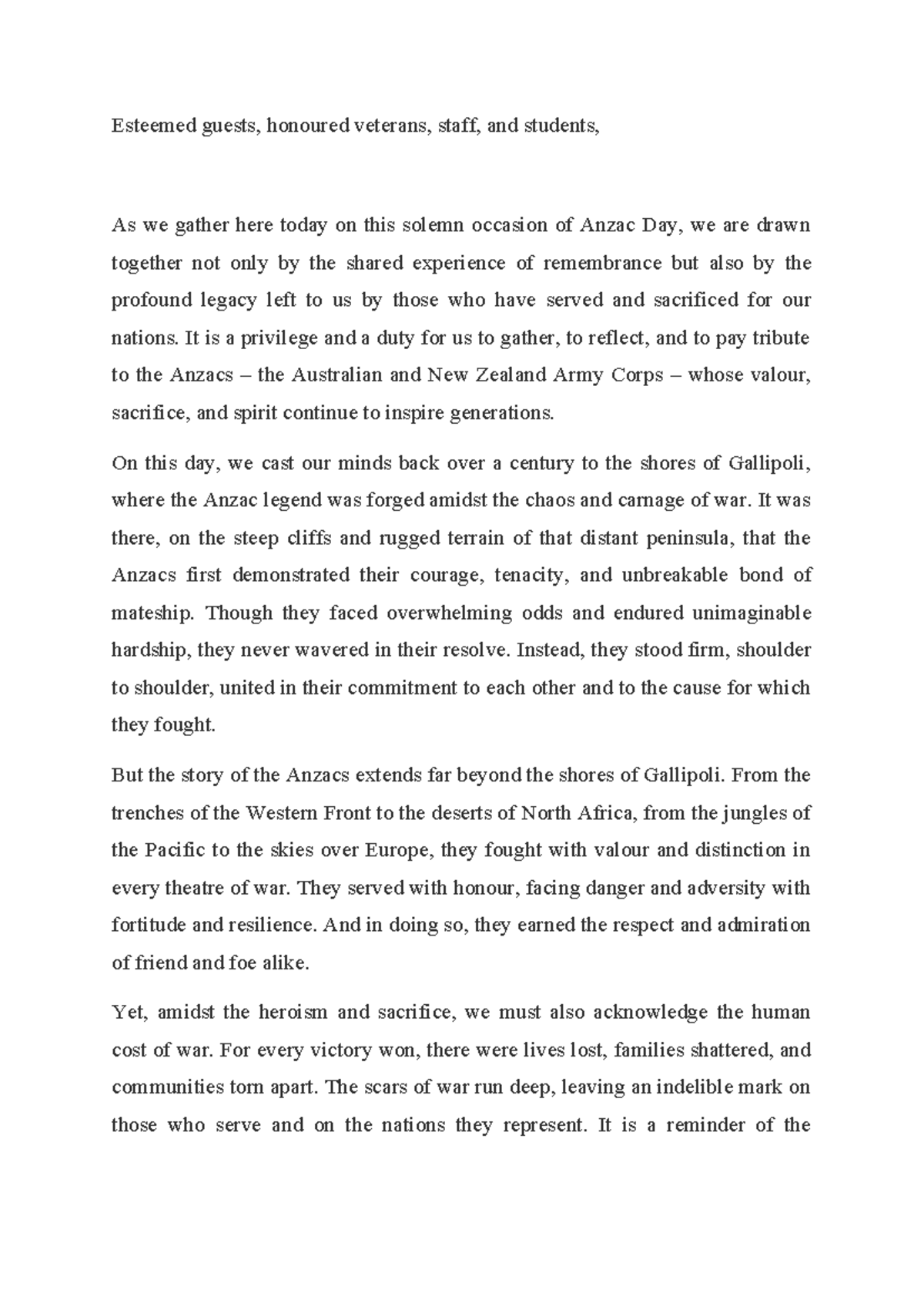 Anzac Day Speech - Esteemed guests, honoured veterans, staff, and ...