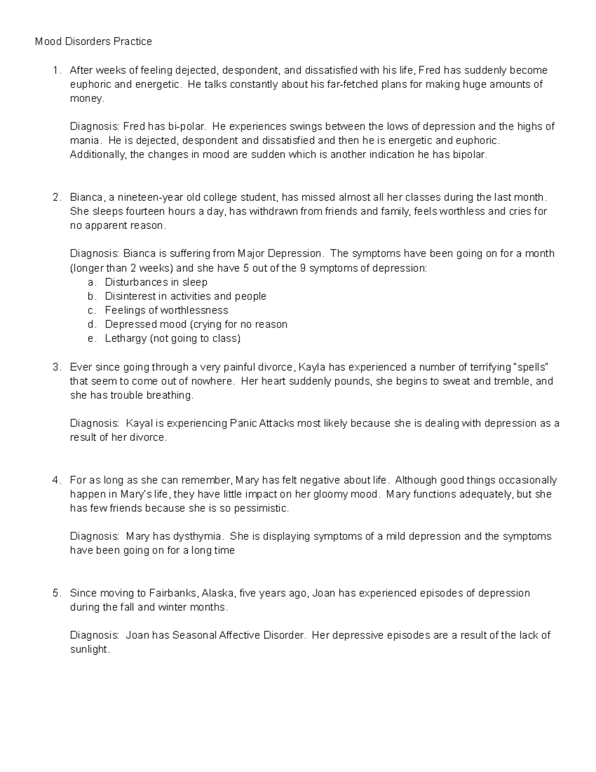 Mood Disorders Practice - Answer Key - Mood Disorders Practice After ...