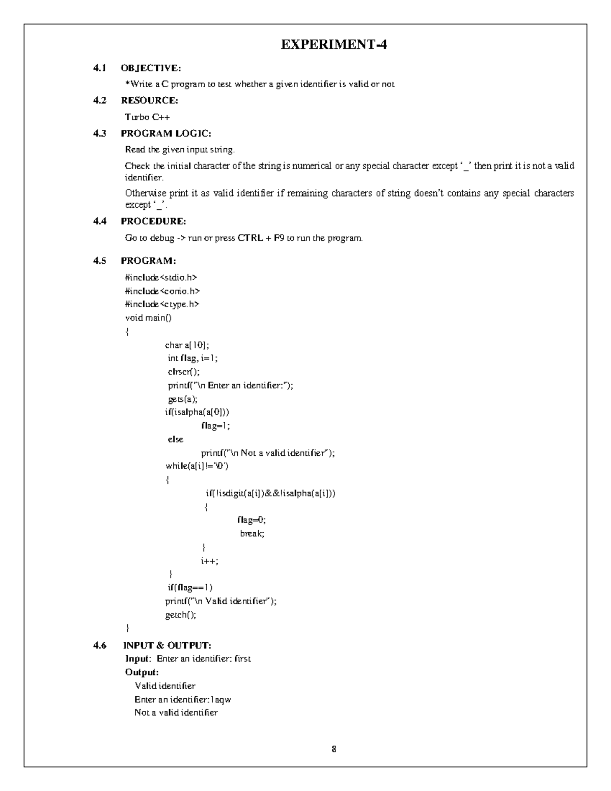 Lexical Analyzer Implementation Experiment: Valid Identifier Check (CS101) - Studocu