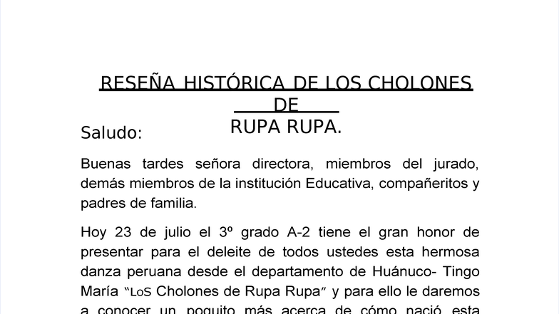 RESEÑA HISTÓRICA DE LA DANZA CHOLONES DE RUPA RUPA - Studocu