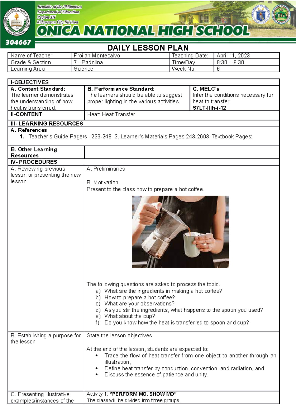 Heat Transfer Lesson Plan for Grade 7 (Science) - April 2023 - Studocu