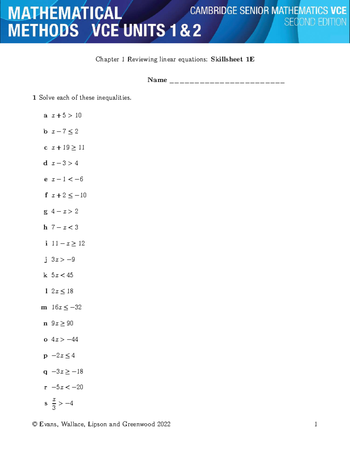 Chapter 1: Linear Inequalities Practice - Skillsheet 1E - Studocu