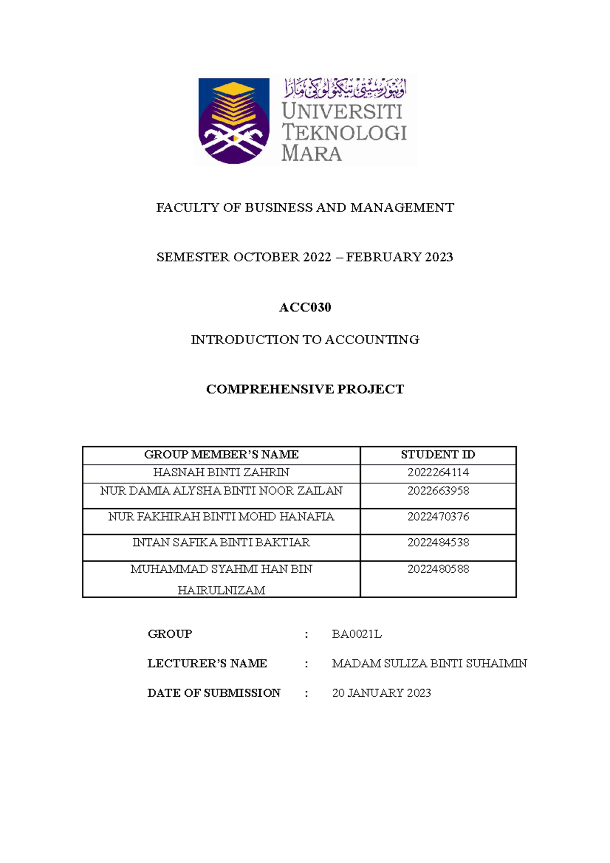 Comprehensive Project for ACC030: Introduction to Accounting - Studocu
