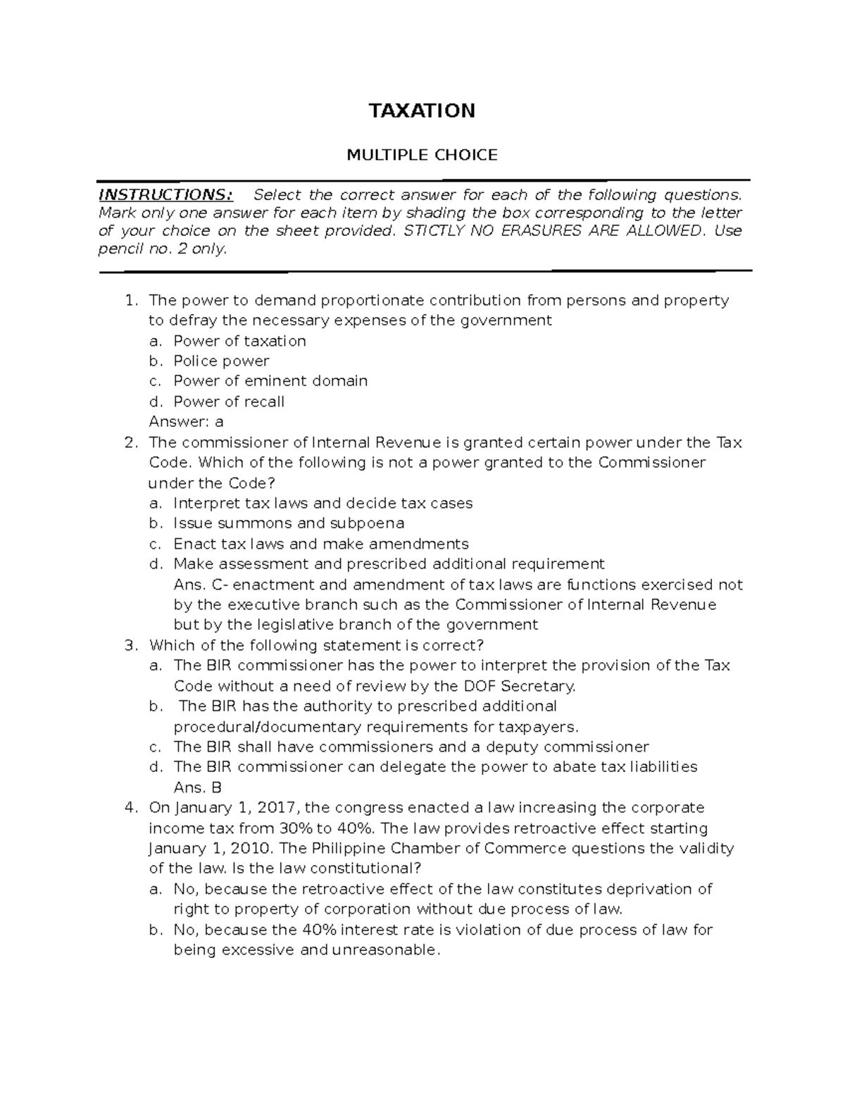 TAX - REVIEWER - TAXATION MULTIPLE CHOICE INSTRUCTIONS: Select the ...