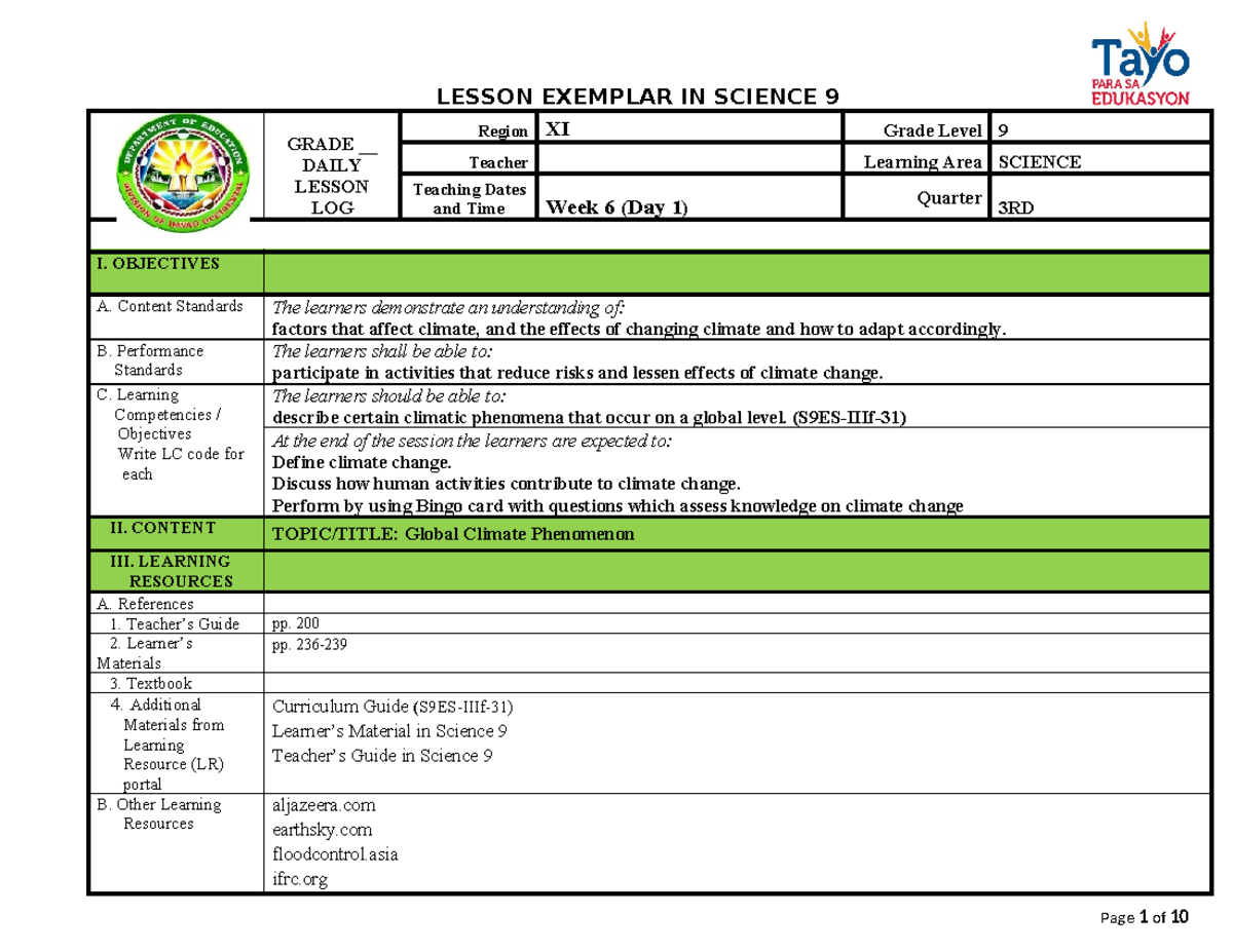 DLP Science 9 - Lesson on Climate Change and Global Phenomena - Studocu