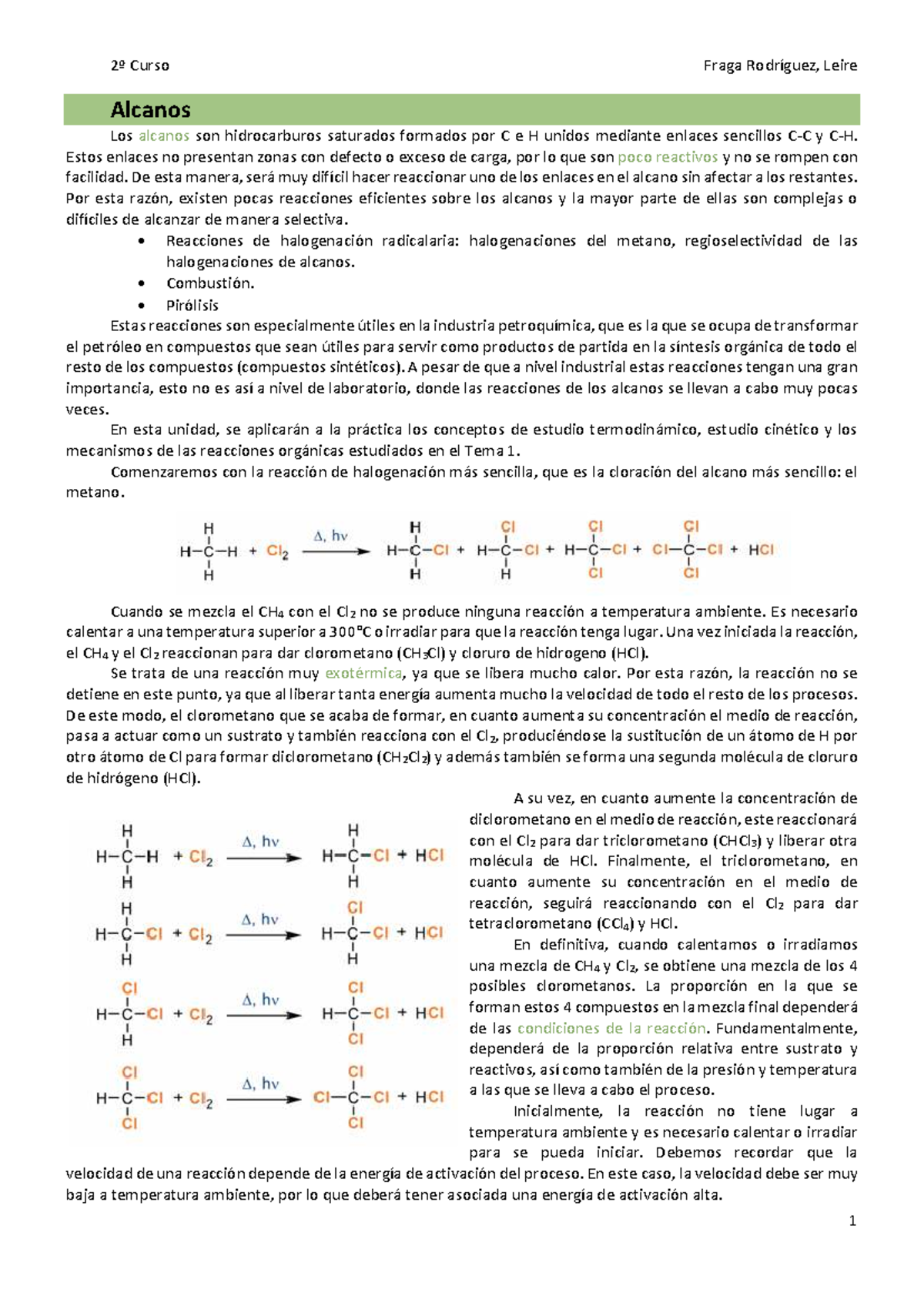 Reacciones de Halogenación y Combustión de Alcanos - 2º Curso - Studocu