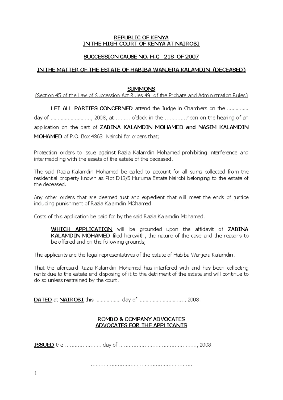 FORM 5(affidavit for petition) - FORM 5 (r. 7) REPUBLIC OF KENYA IN THE ...