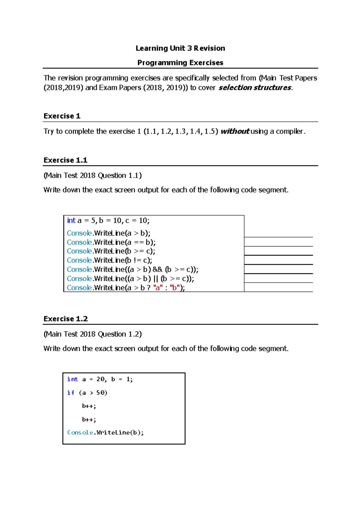 Unit 3 Revision Programming Exercises - SOD115C - Studocu