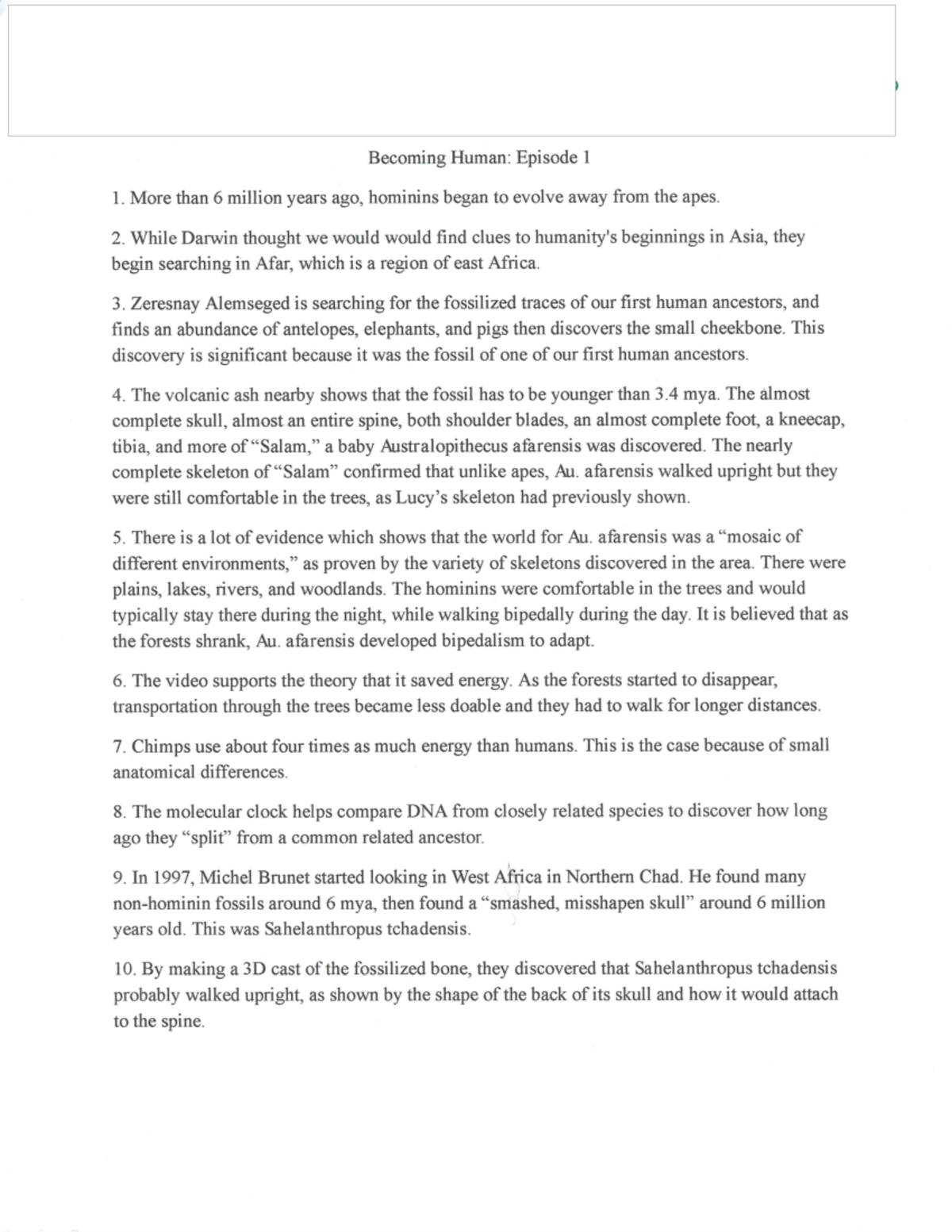 Becoming Human: Episode 1 Notes (pg. 1) - Evolution Insights - Studocu