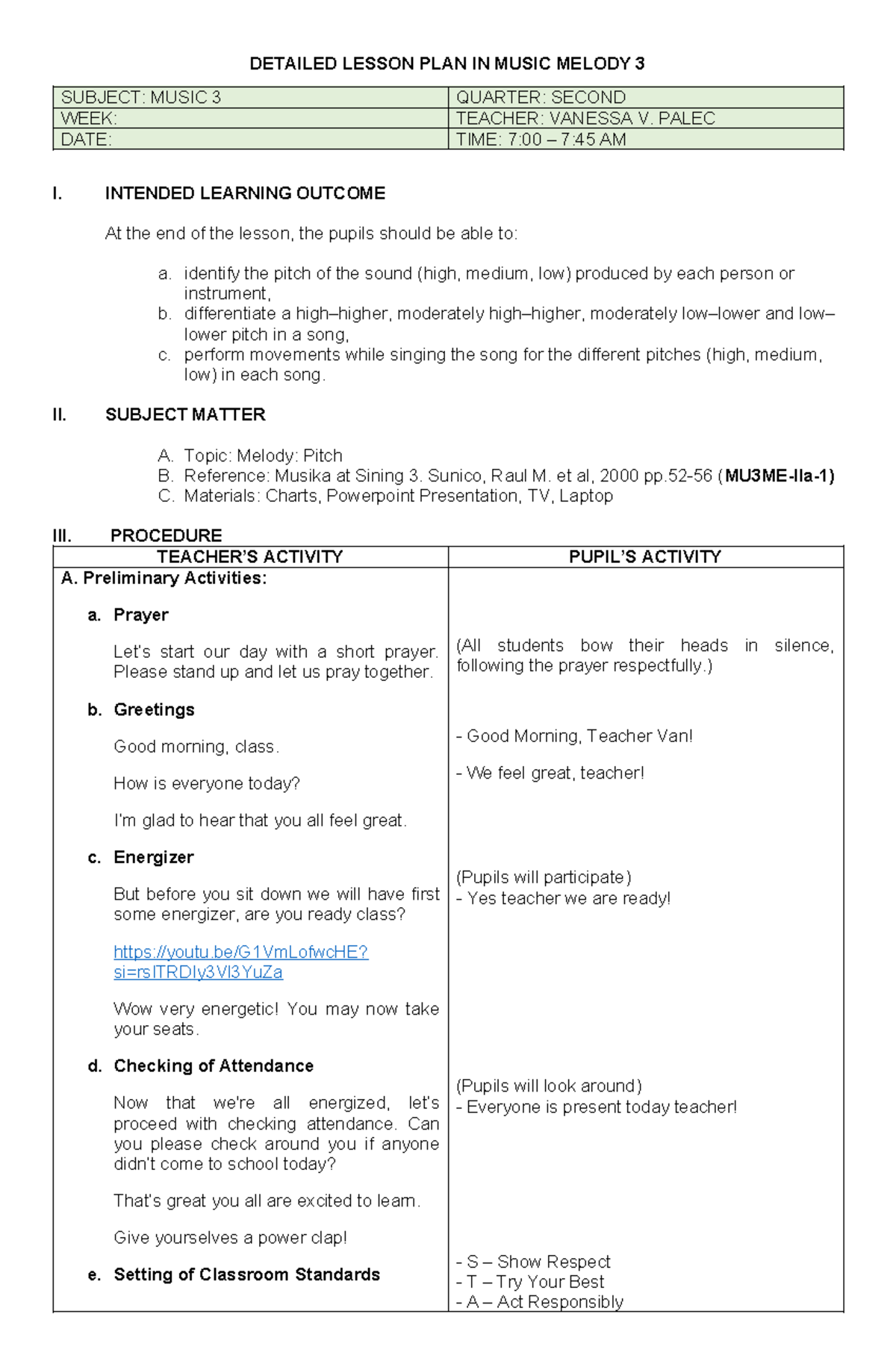 Melody Lesson Plan for Music 3 (4AS) by Vanessa V. Palec - Studocu