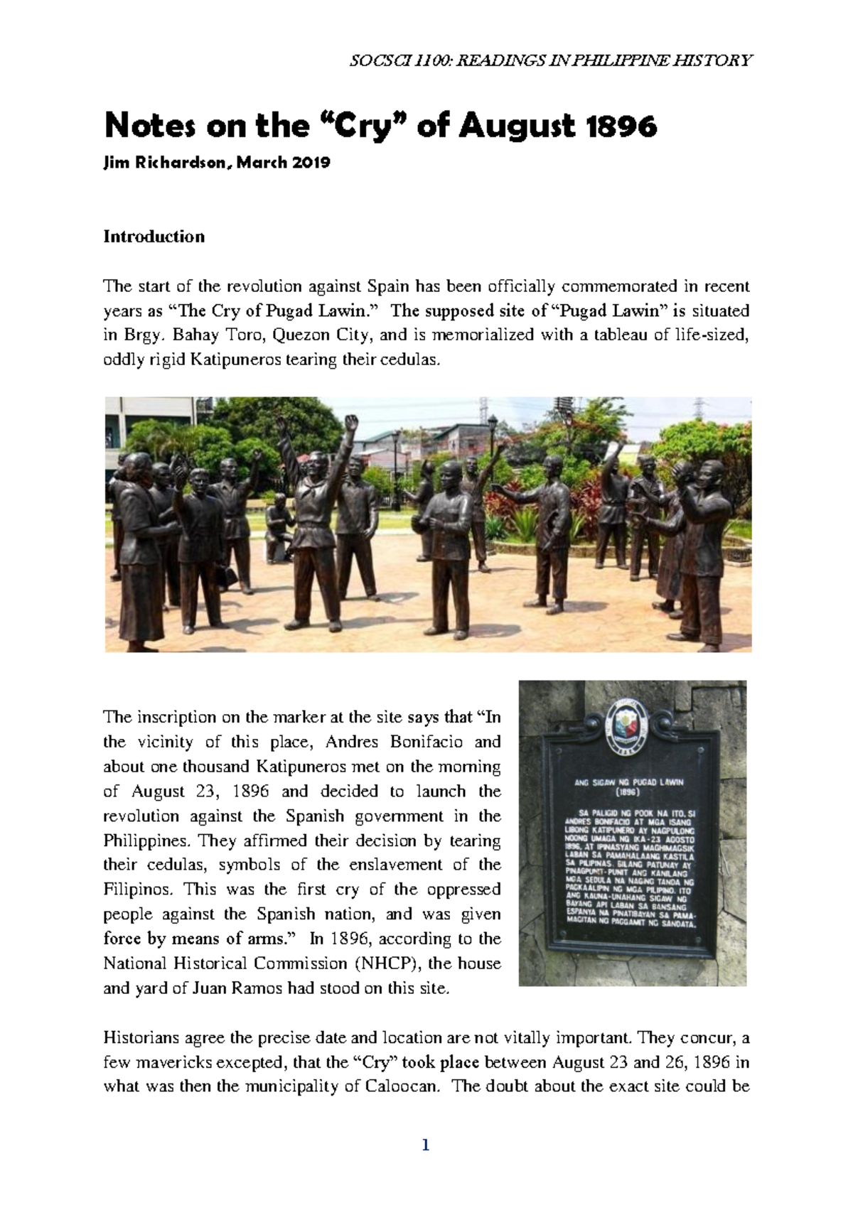 Pugadlawin & Balintawak: Historical Context of the 1896 Cry - Studocu