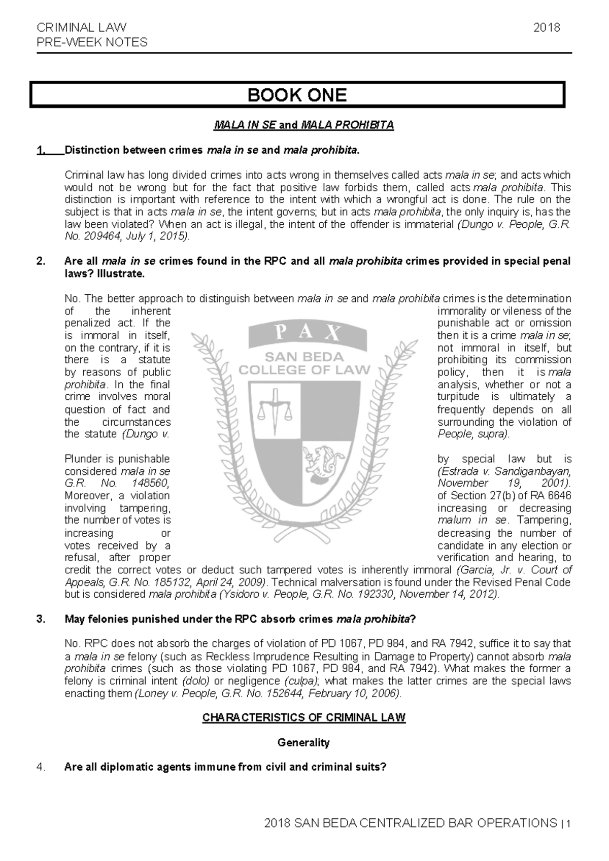 PW Criminal - CRIMINAL LAW 2018 PRE-WEEK NOTES MALA IN SE and MALA ...