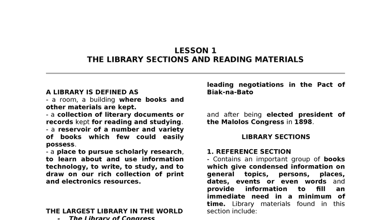 Lesson 1 - THE Library Sections AND Reading Materials - LESSON 1 THE ...