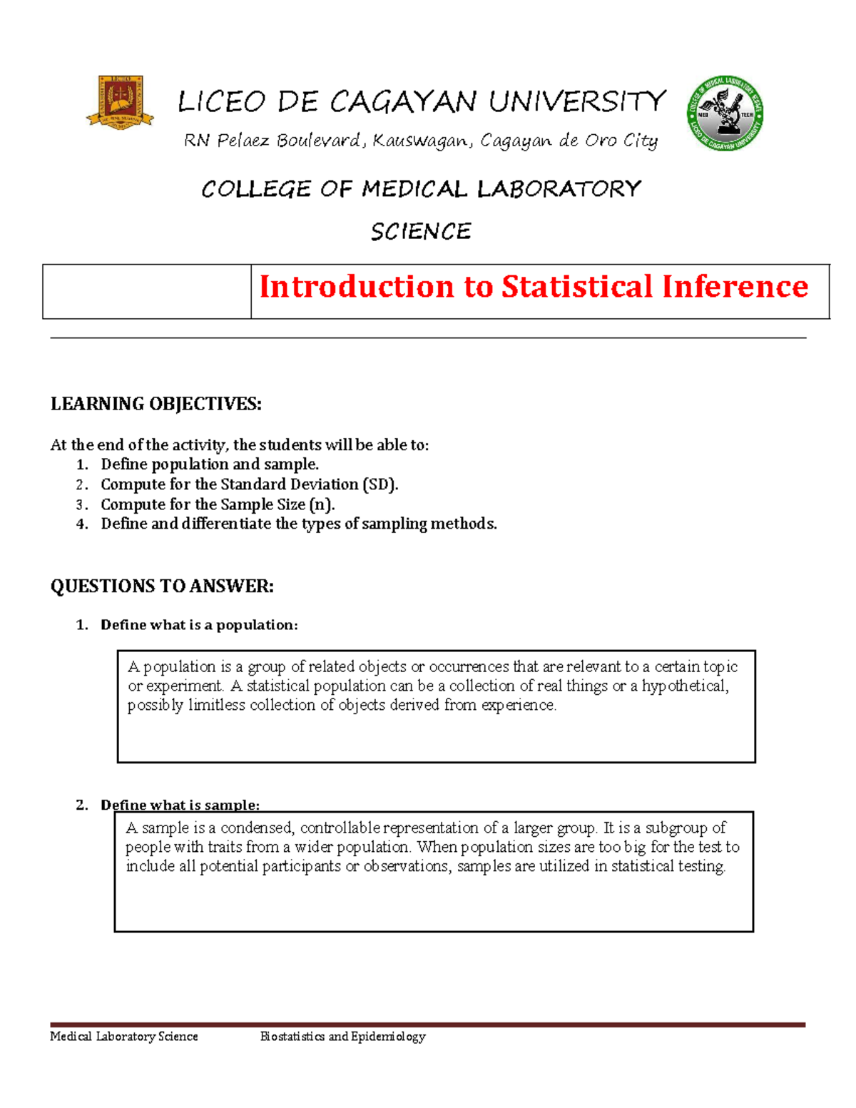 Worksheet-Statistical Inference: Population, Sample & SD Calculations ...
