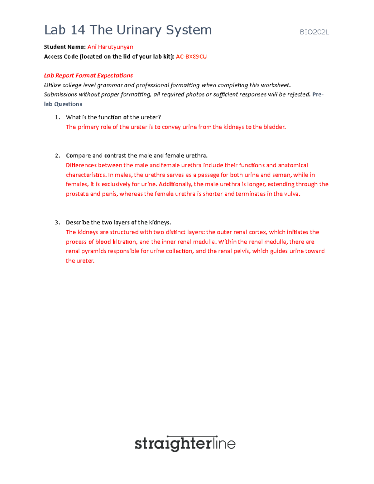 BIO202 Lab 14 - Kidney Function and Urinalysis Report - Studocu