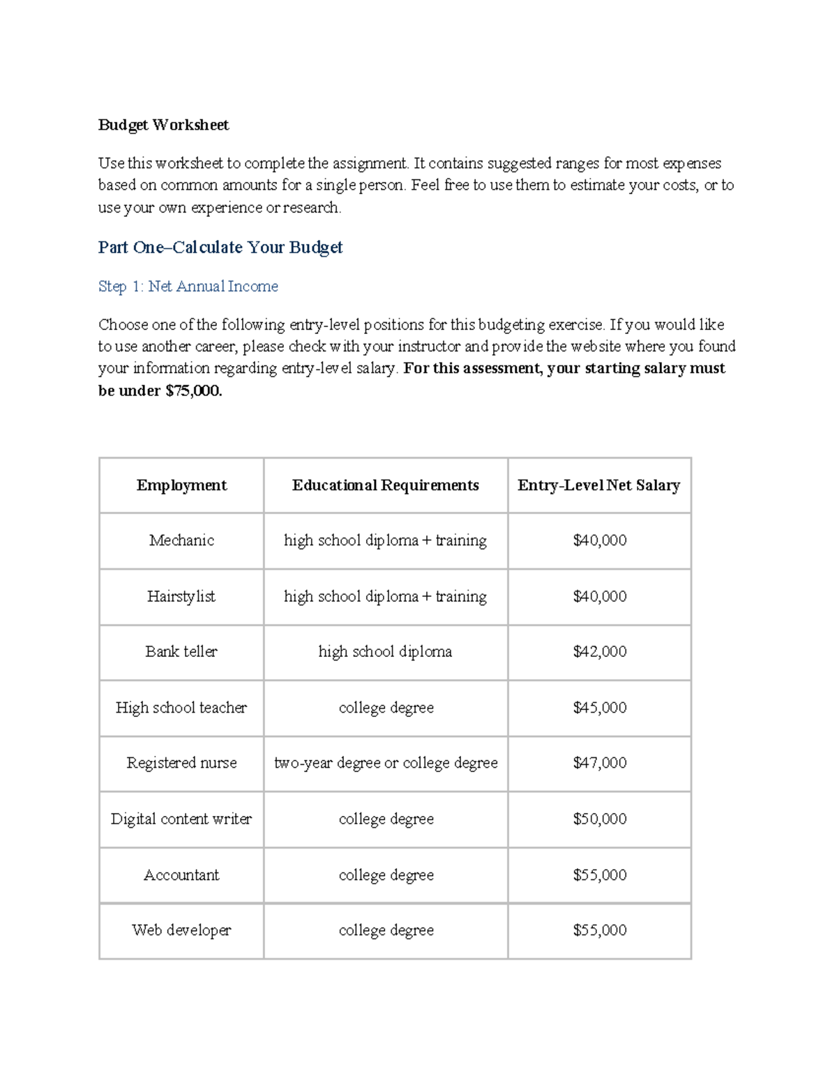 Budget Worksheet for Career Salary Estimation and Expense Planning ...